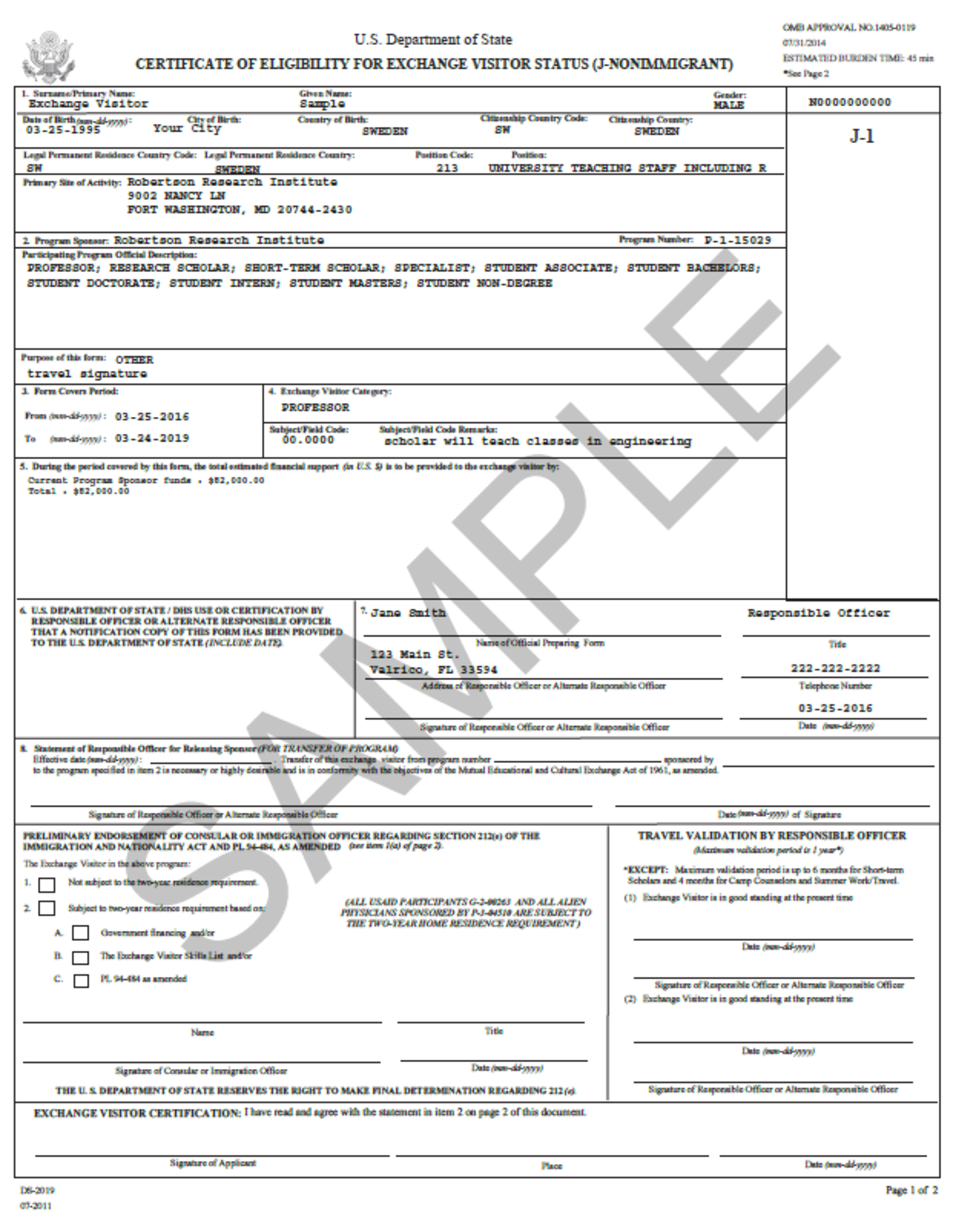 Form DS-2019, Certificate of Eligibility for Exchange Visitor ... Form DS-2019, Certificate of Eligibility for Exchange Visitor ...